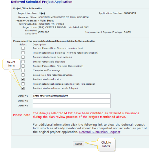 Deferred Submittal Application for Existing Project